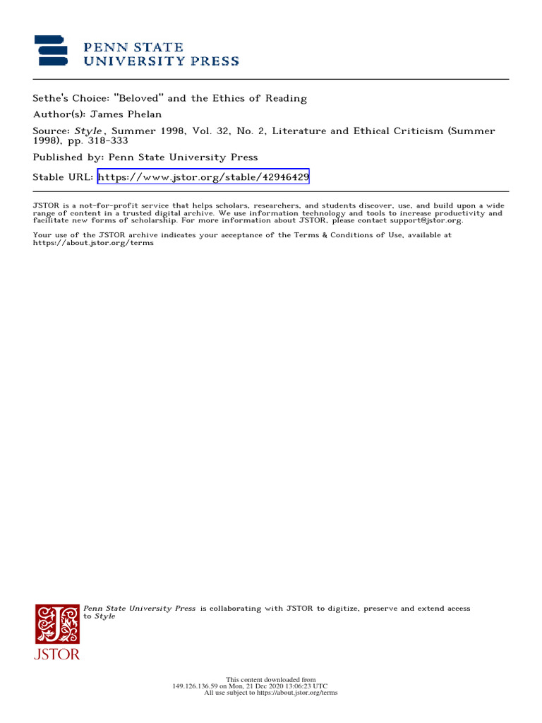 Phelan Sethe's Choice: "Beloved" and The Ethics of Reading | PDF ...