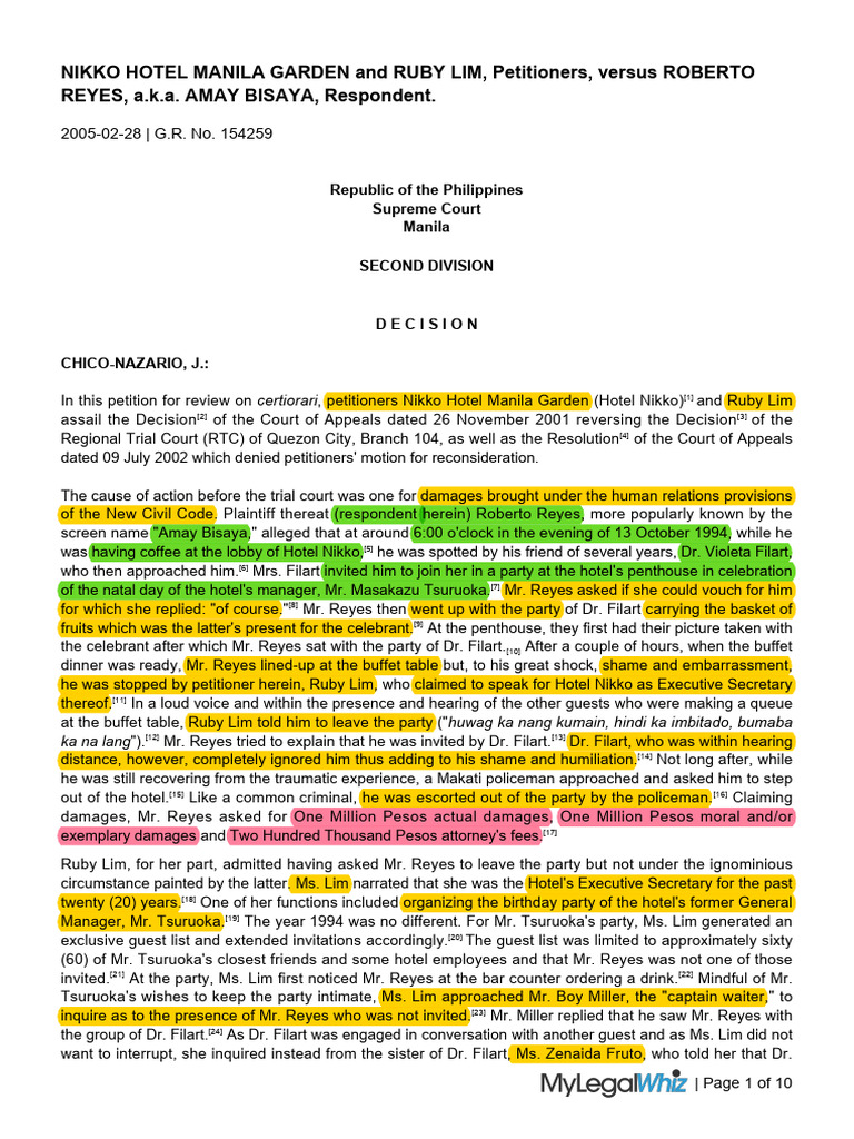 Reyes vs. Nikko Hotel: Humiliation Case | PDF | Damages | Appellate Court