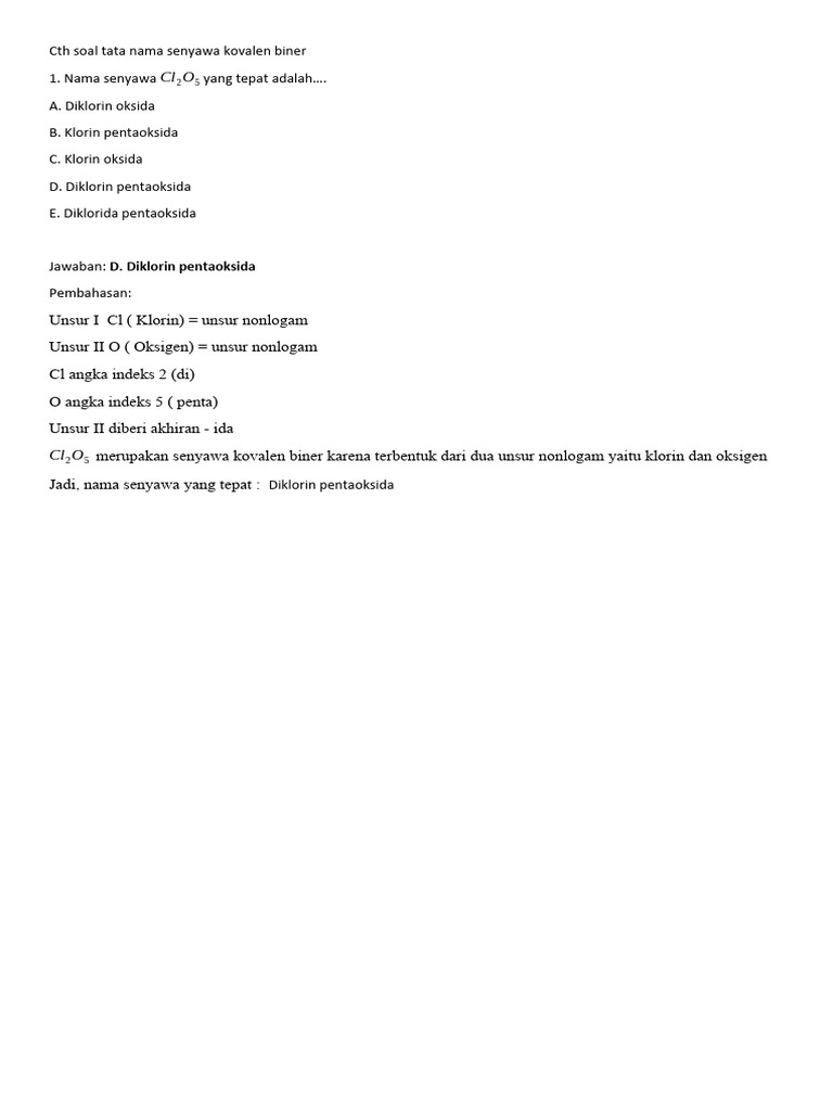 CTH Soal Tata Nama Senyawa Kovalen Biner | PDF