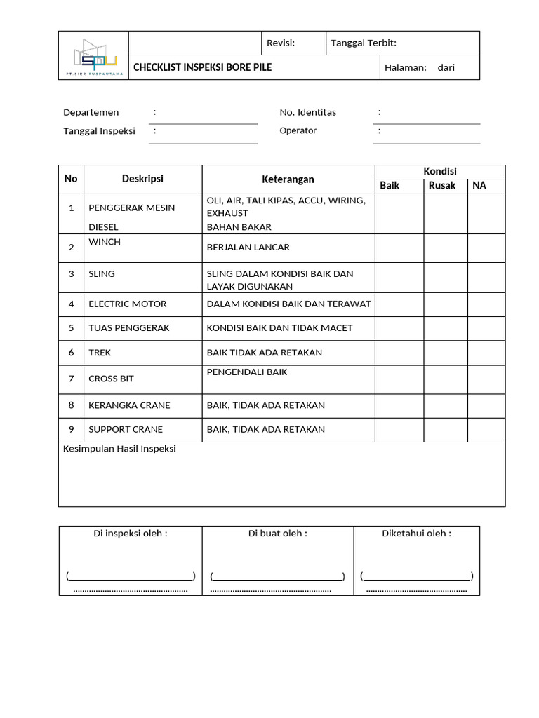Form Check List Inspeksi Bore Pile | PDF