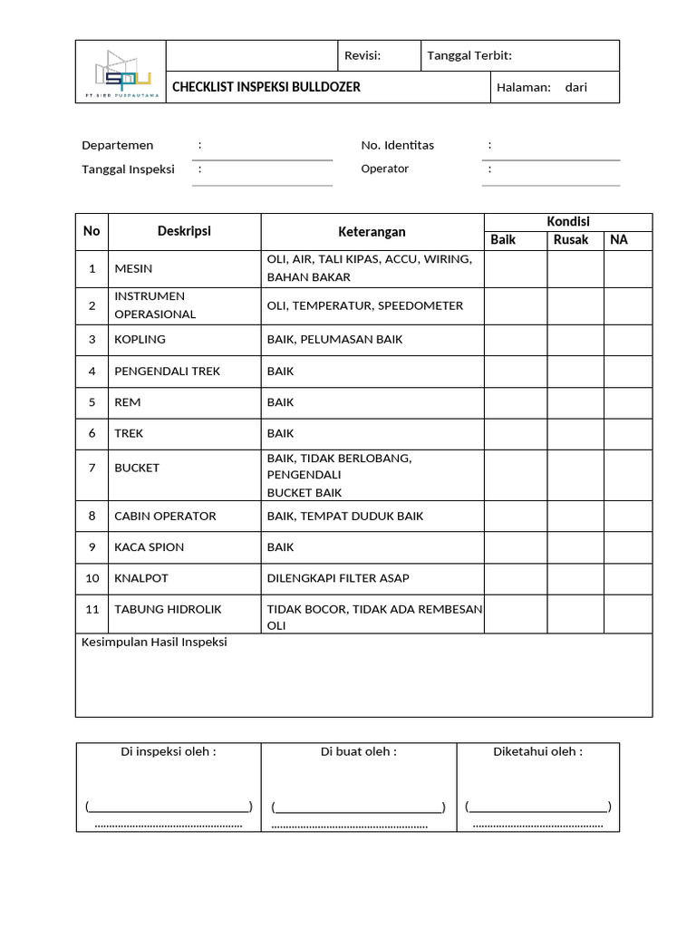 Form Check List Inspeksi Bulldozer | PDF