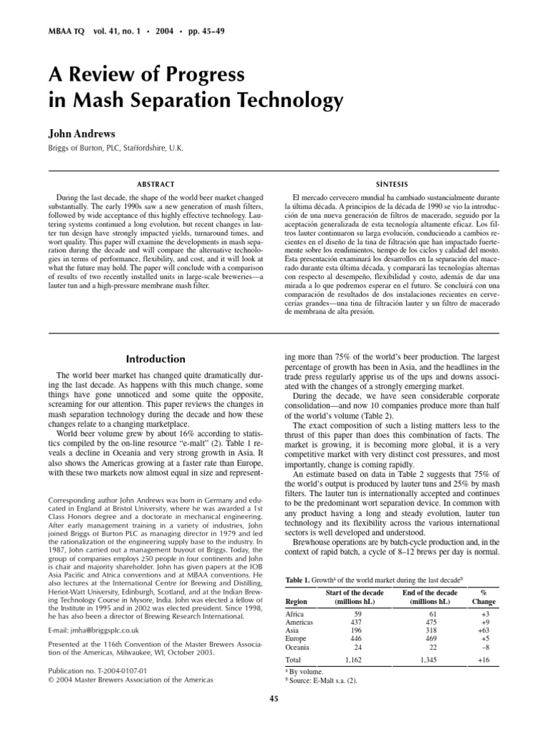 A Review of Progress in Mash Separation Technology: John Andrews | PDF
