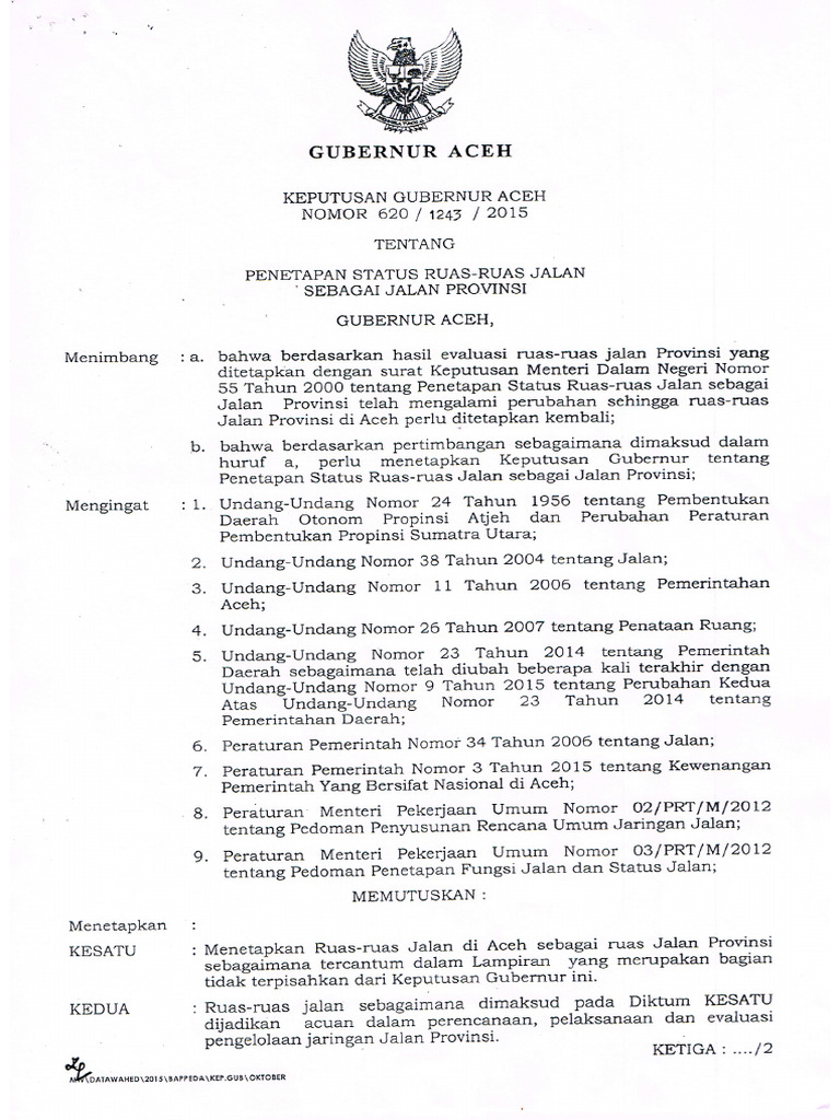 SK Gubernur Aceh Ruas Jalan Kewenangan Provinsi Aceh | PDF