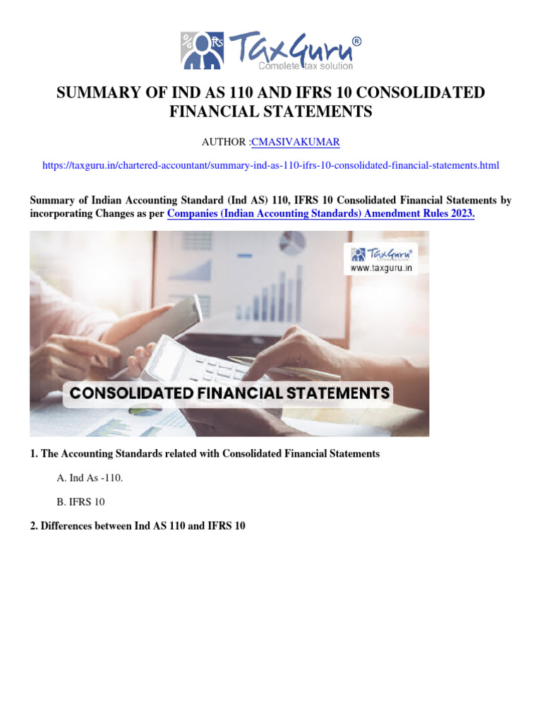 Summary of IND As 110 and IFRS 10 Consolidated Financial Statements - Taxguru - in | PDF ...