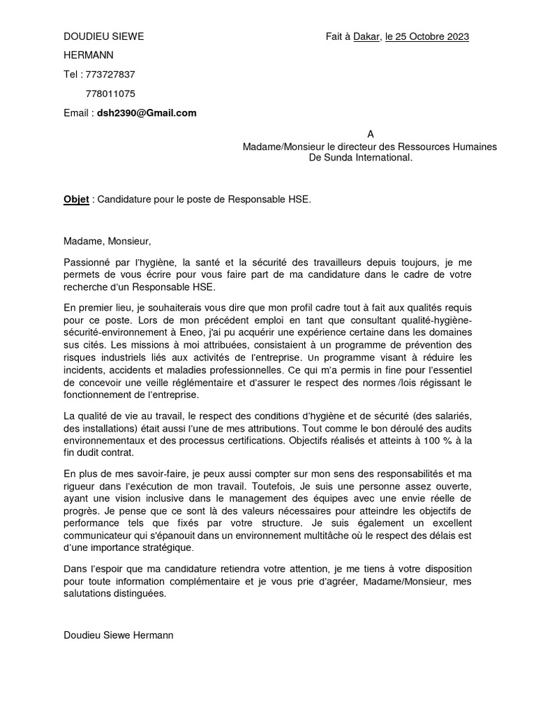 Lettre de Motivation Responsable HSE | PDF