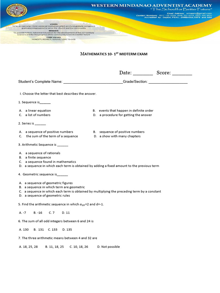 Math 10 Midterm Exam Guide | PDF