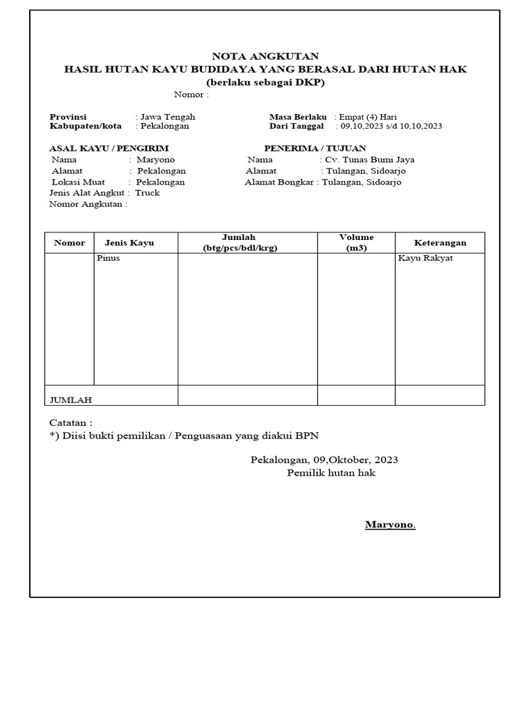 Formulir Nota Angkutan Kayu | PDF