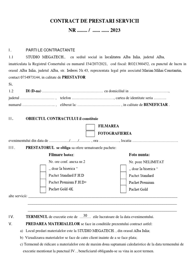 Contract Prestari Servicii Foto-Video Botez Studio MegaTech | PDF