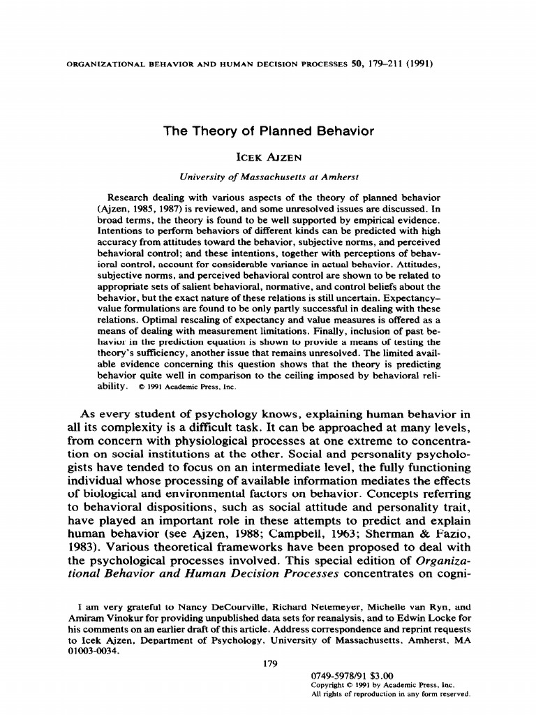 Ajzen 1991 - The Theory of Planned Behavior | PDF