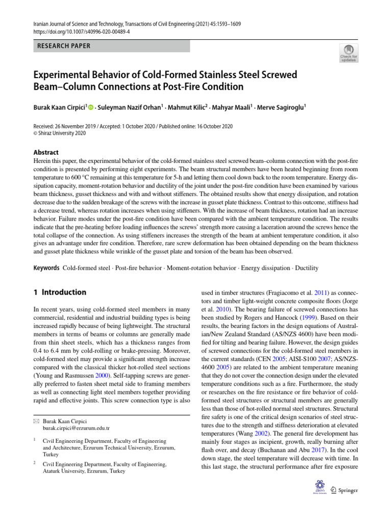 Experimental Behavior of Cold Formed Stainless Steel Screwed Beam ...