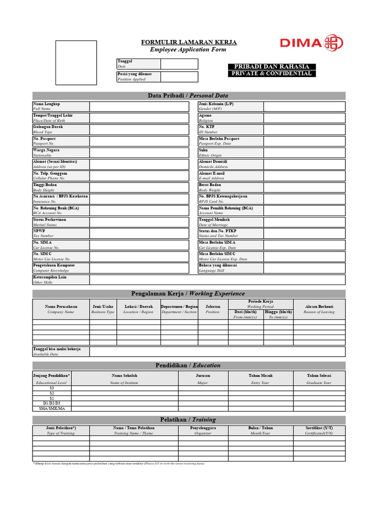 Formulir Lamaran Kerja - PT Dima Indonesia | PDF