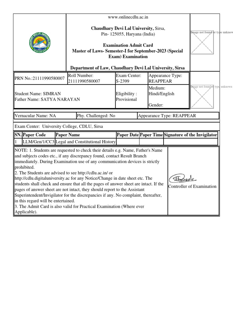 Admit - Card - SIMRAN - Master of Laws - I | PDF