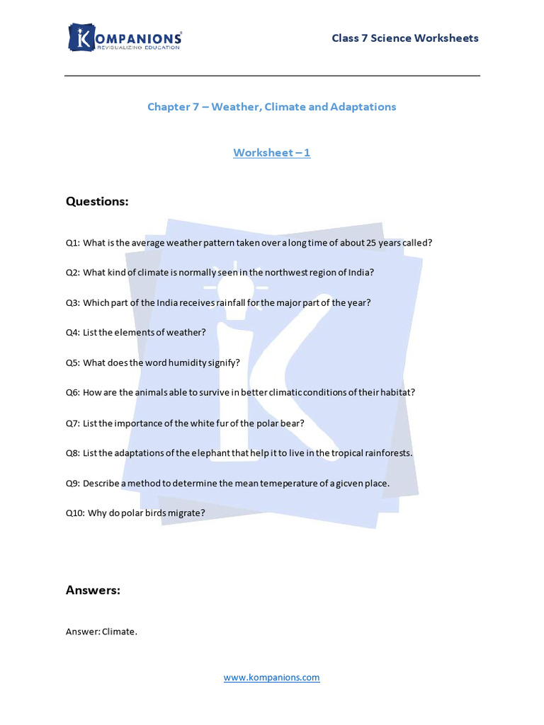Class 7 Science Chapter 7 Weather Climate and Adaptations Worksheet 1 | PDF