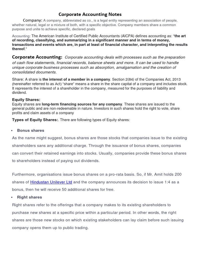 Corporate Accounting Notes Part 1 | PDF