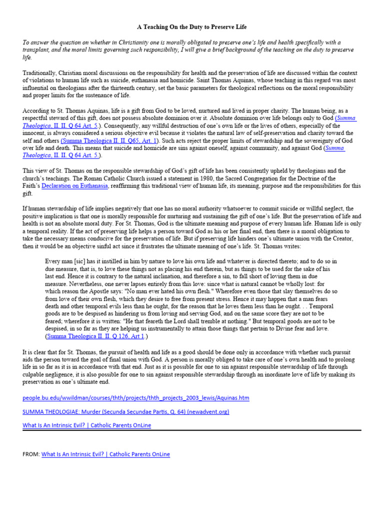 A Teaching On The Duty To Preserve Life | PDF | Politics | Religion ...