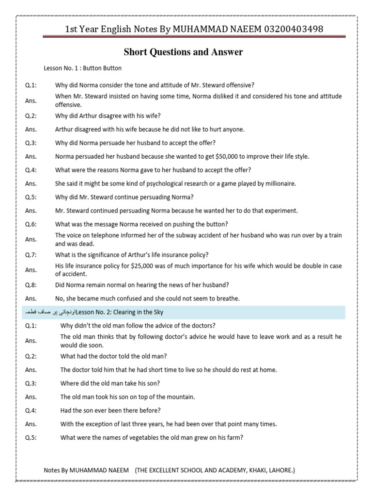 1st Year English Notes by MUHAMMAD NAEEM 03200403498 - Docx | PDF