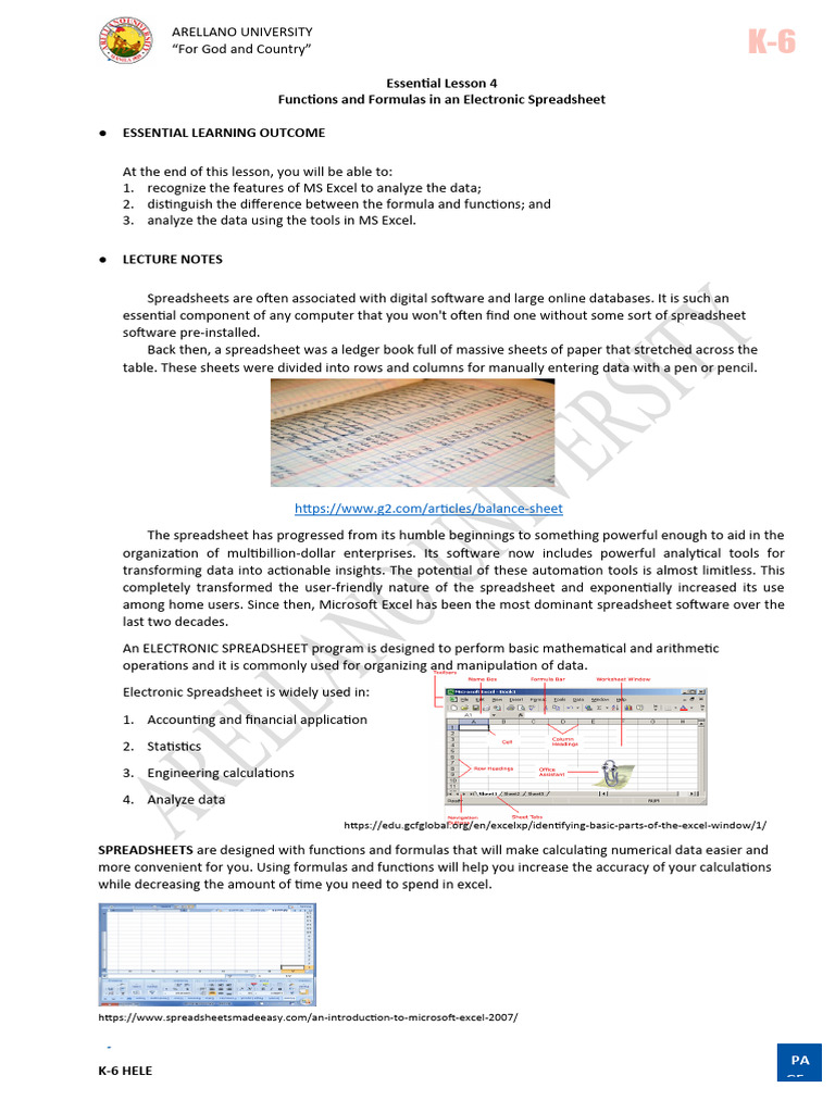 Lesson 4 Functions and Formulas in An Electronic Spreadsheet | PDF | Spreadsheet | Microsoft Excel