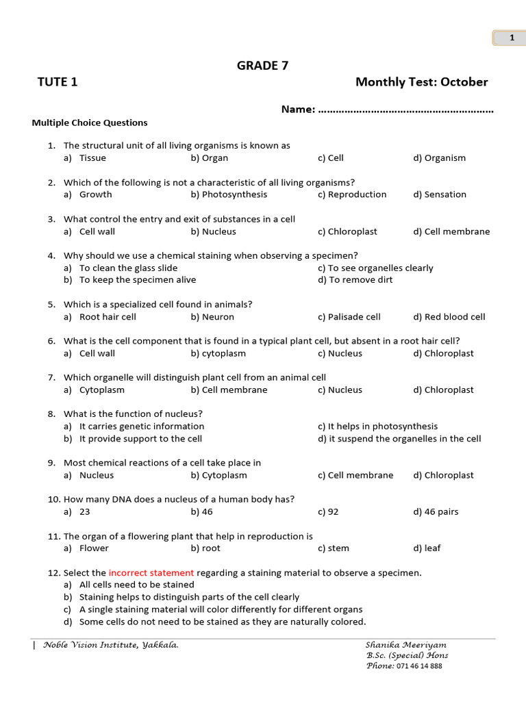 Grade 7 - Model Paper 1 | PDF