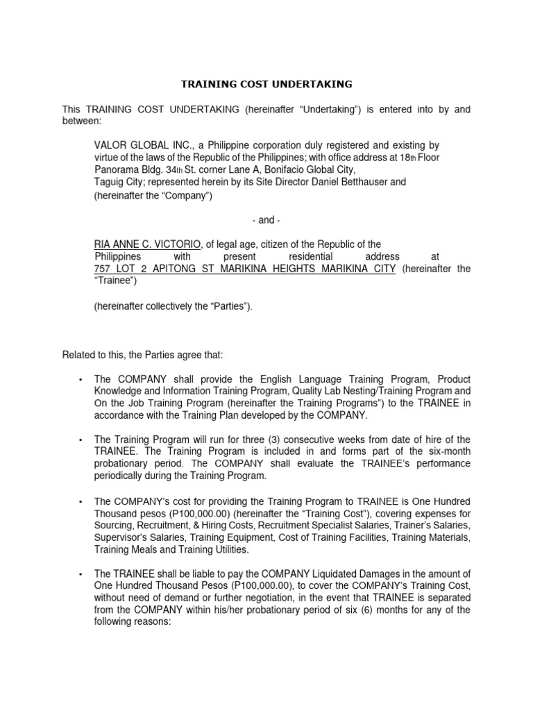 Training Cost Undertaking | PDF