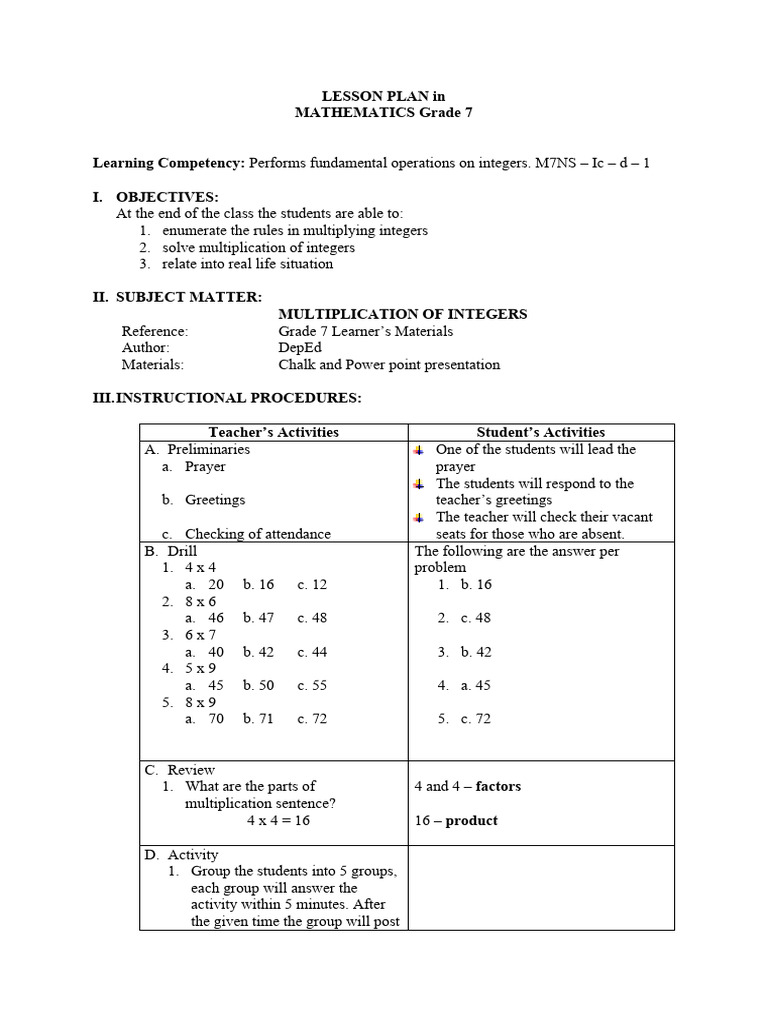 Cot 1 | PDF | Multiplication | Learning