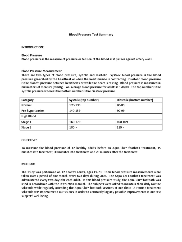 Blood Pressure Test Summary | PDF | Blood Pressure | Physiology