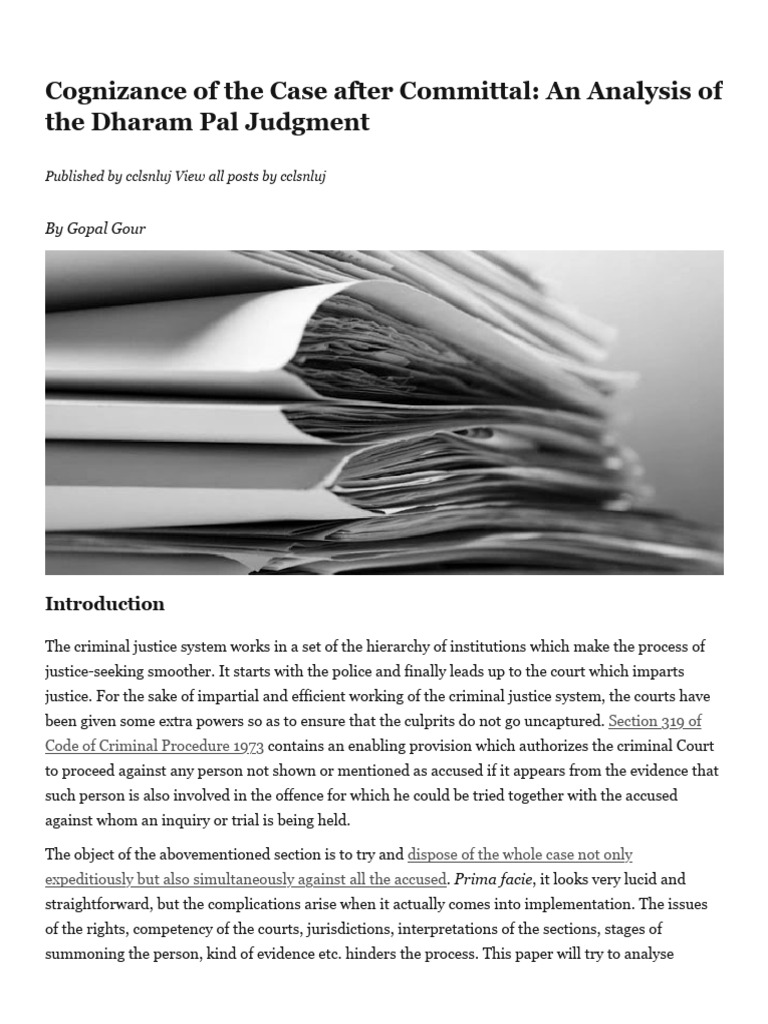 Cognizance of The Case After Committal - An Analysis of The Dharam Pal Judgment | PDF | Politics ...