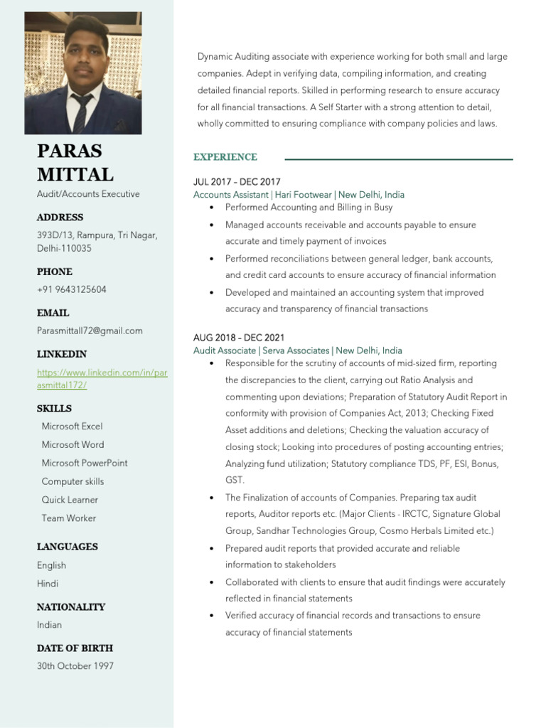 Resume Paras Mittal | PDF | Audit | Invoice