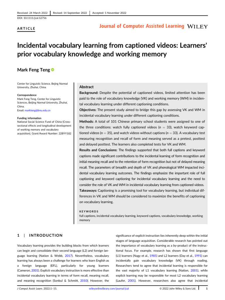 Incidental Vocabulary Learning From Captioned Videos: Learners' Prior Vocabulary Knowledge and ...