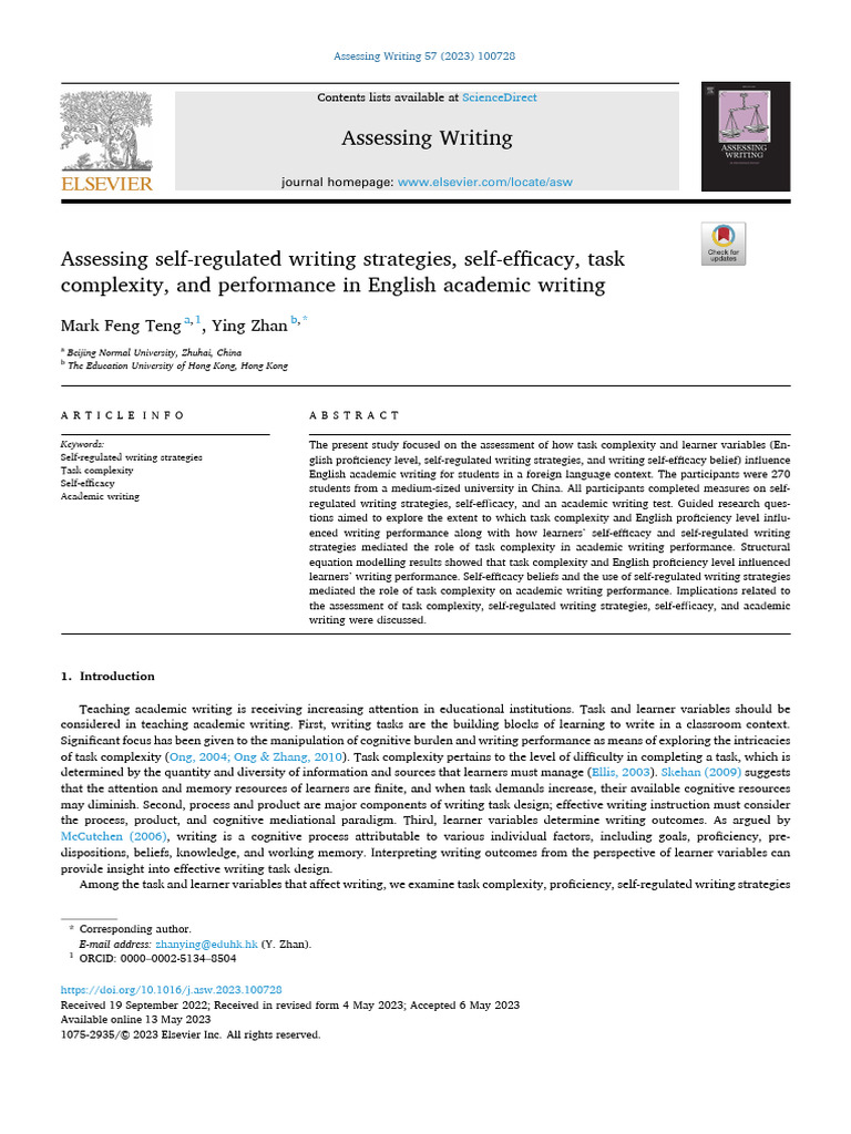 Assessing Self-Regulated Writing Strategies, Self-Efficacy, Task Complexity, and Performance in ...