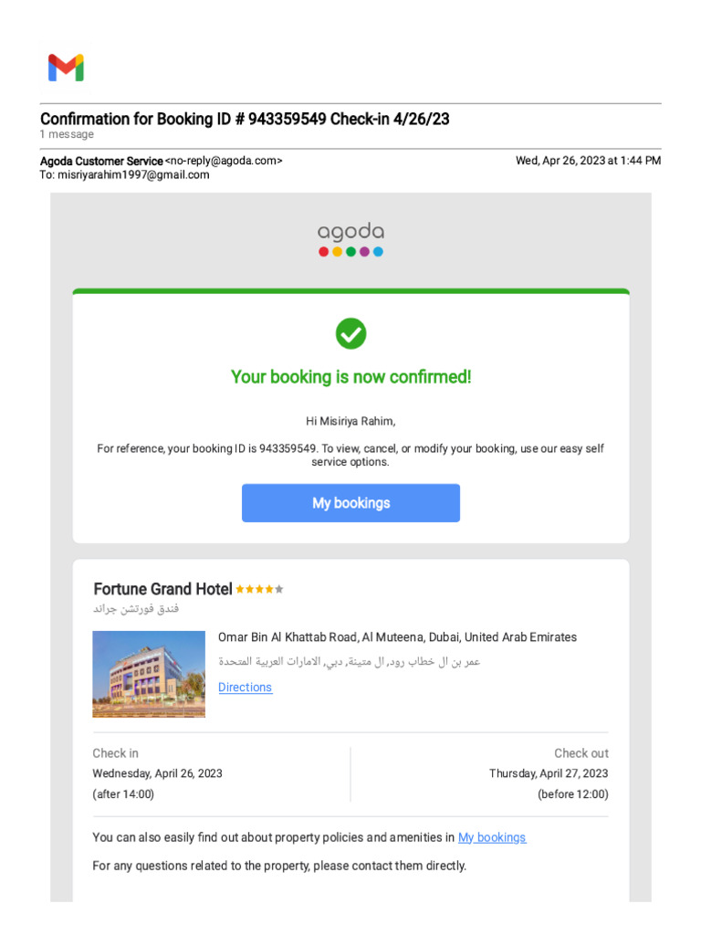 Gmail - Confirmation For Booking ID # 943359549 Check-In 4 - 26 - 23 | PDF