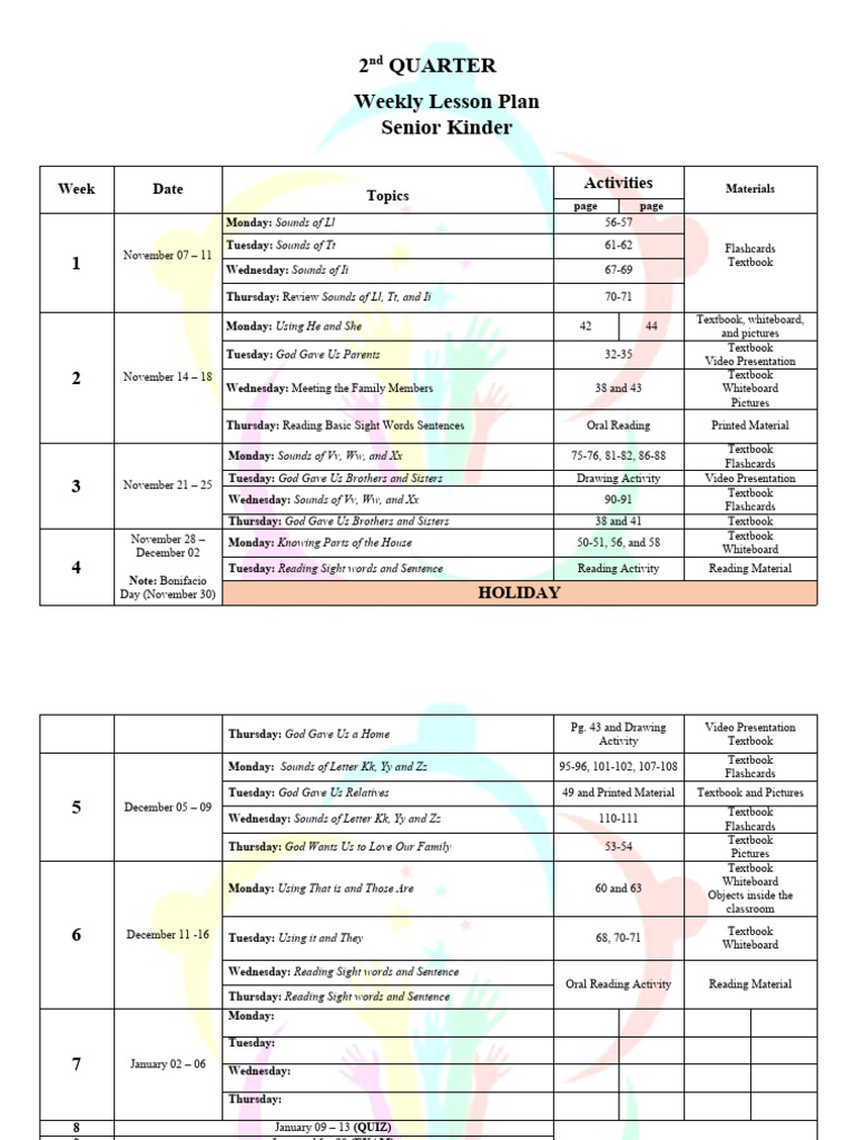SK 2nd Quarter Weekly Schedule | PDF