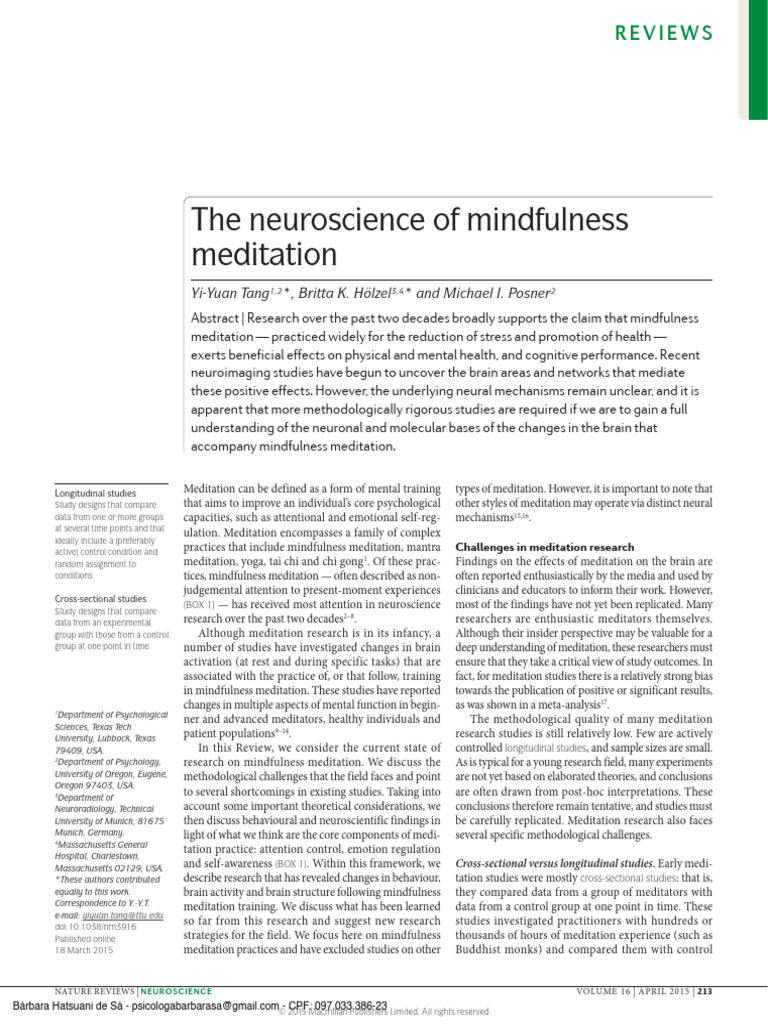 The Neuroscience of Mindfulness Meditation | PDF | Mindfulness | Meditation