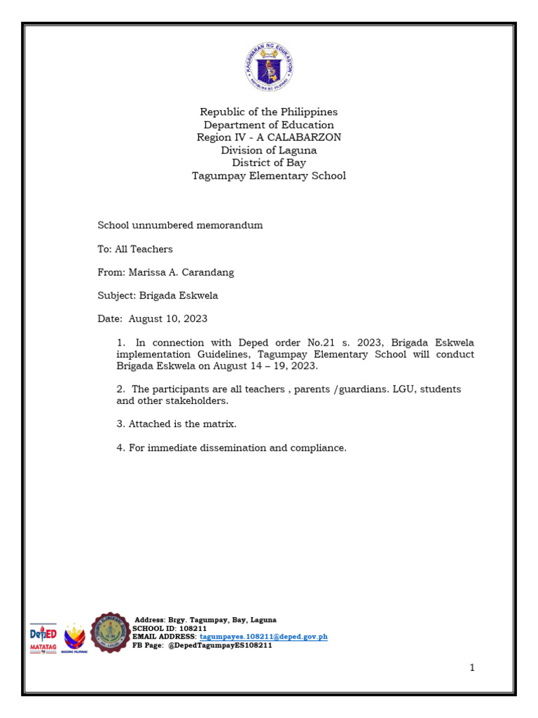 Deped Memo On Brigada Eskwela 2024 2025 Logo Printable