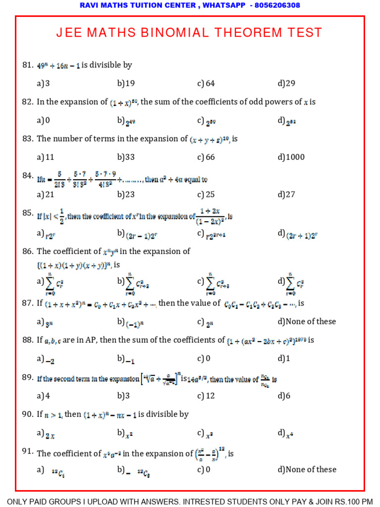 Jee Maths Binomial Theorem Test | PDF | Mathematical Analysis | Complex ...