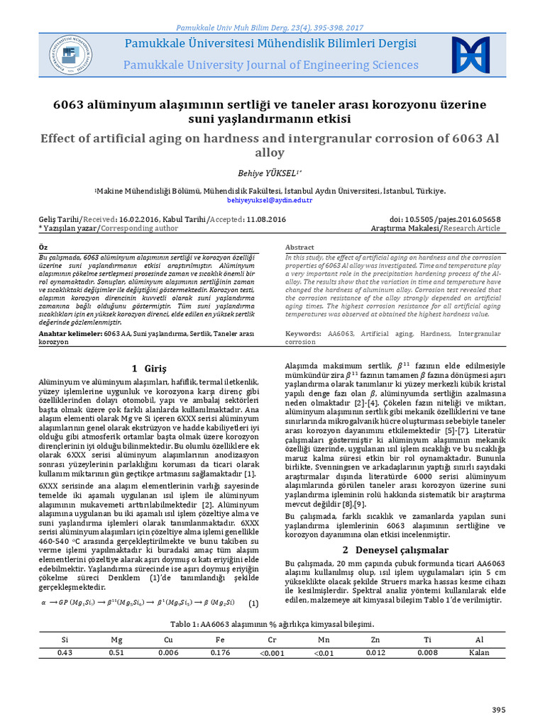 6063 Al - Minyum Ala - M - N - N Sertli - I Ve Taneler Aras - Korozyonu - Zerine Suni Ya - Land ...