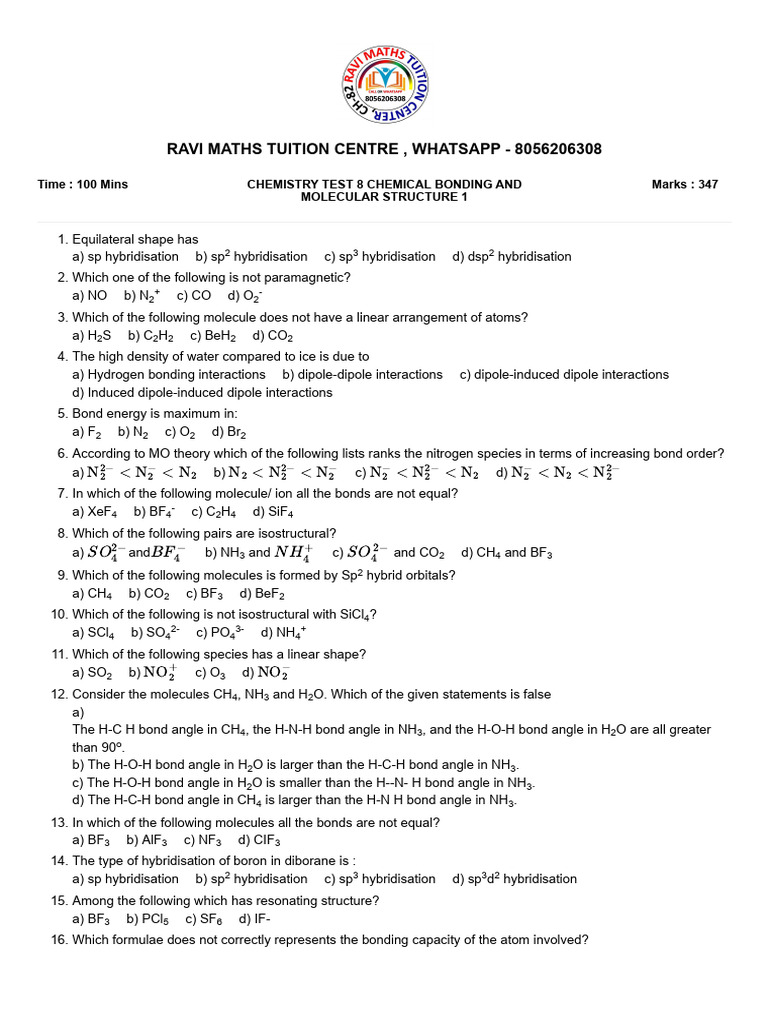 Q June 15 Chemistry Test 8 Chemical Bonding and Molecular Structure Q | PDF