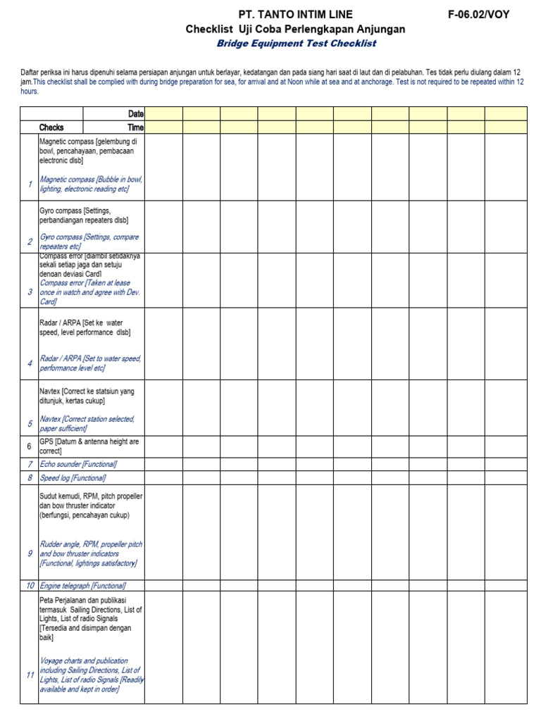F-06.02 (Bridge Equipment Checklist) | PDF | Compass | Navigation