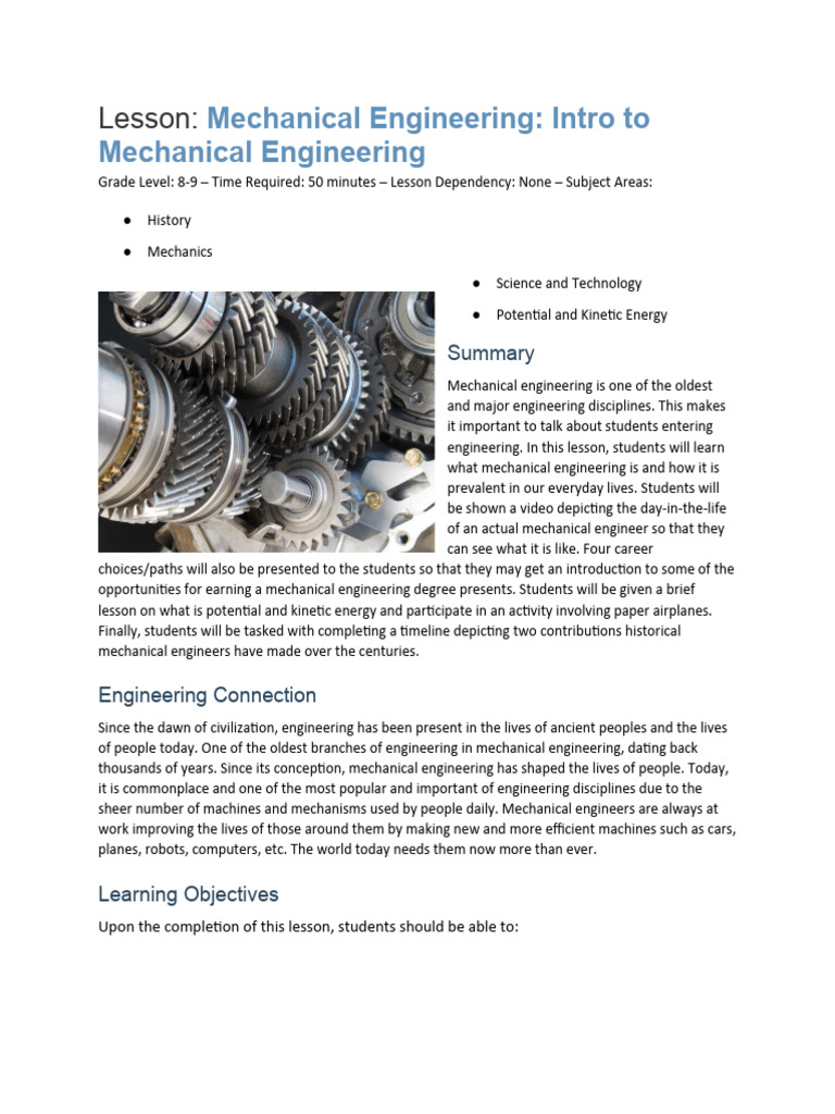 Lesson Mechanical Engineering Intro To Mechanical Engineering | PDF | Engineering | Mechanical ...