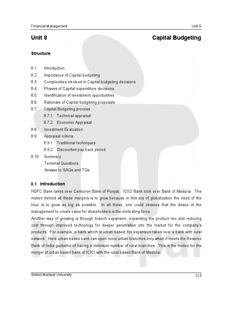 Unit 8 Capital Budgeting: Structure | PDF | Net Present Value | Capital ...