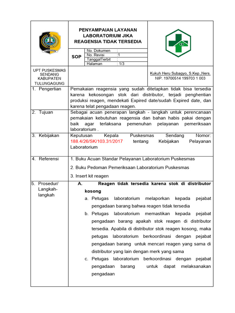Sop Penyampaian Layanan Lab Jika Reagen Tidak Tersedia | PDF