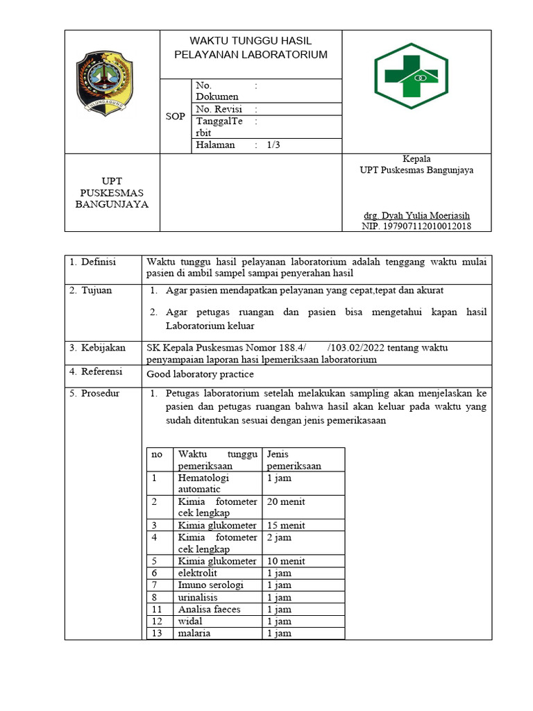 SOP Pemantauan Waktu Penyampaian Hasil PMRX Lab Untuk Pasien Urgent | PDF