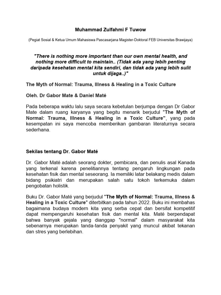 The Myth of Normal - Trauma, Illness & Healing in A Toxic Culture | PDF