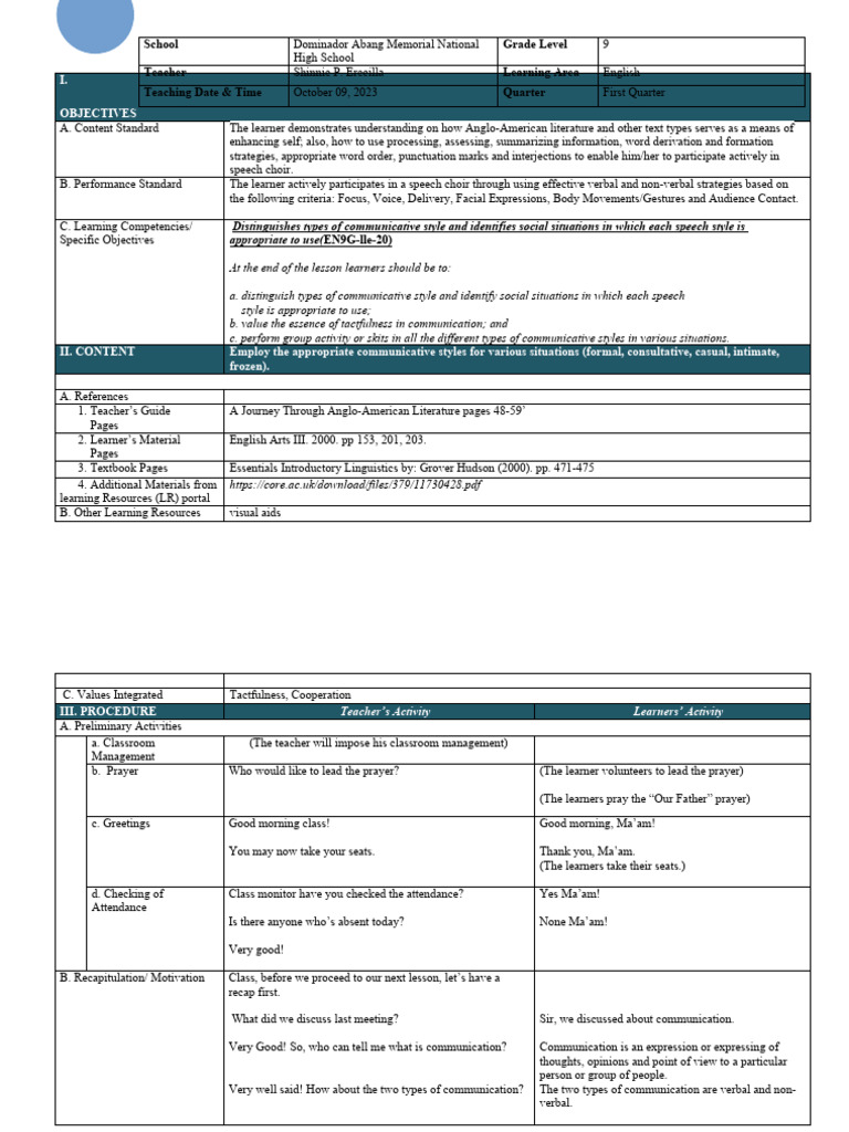 Lesson Exemplar English Sample 1 | PDF