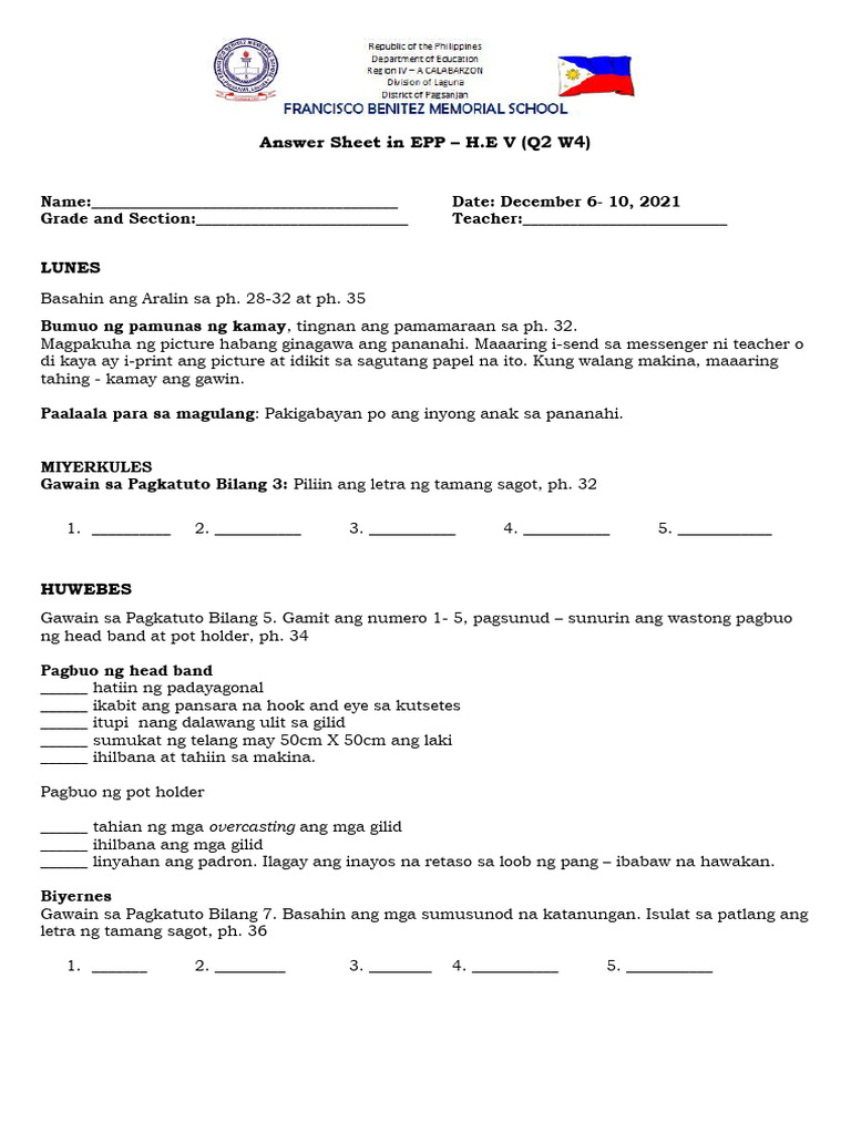 EPP H.E Answer Sheet Q2W4 | PDF
