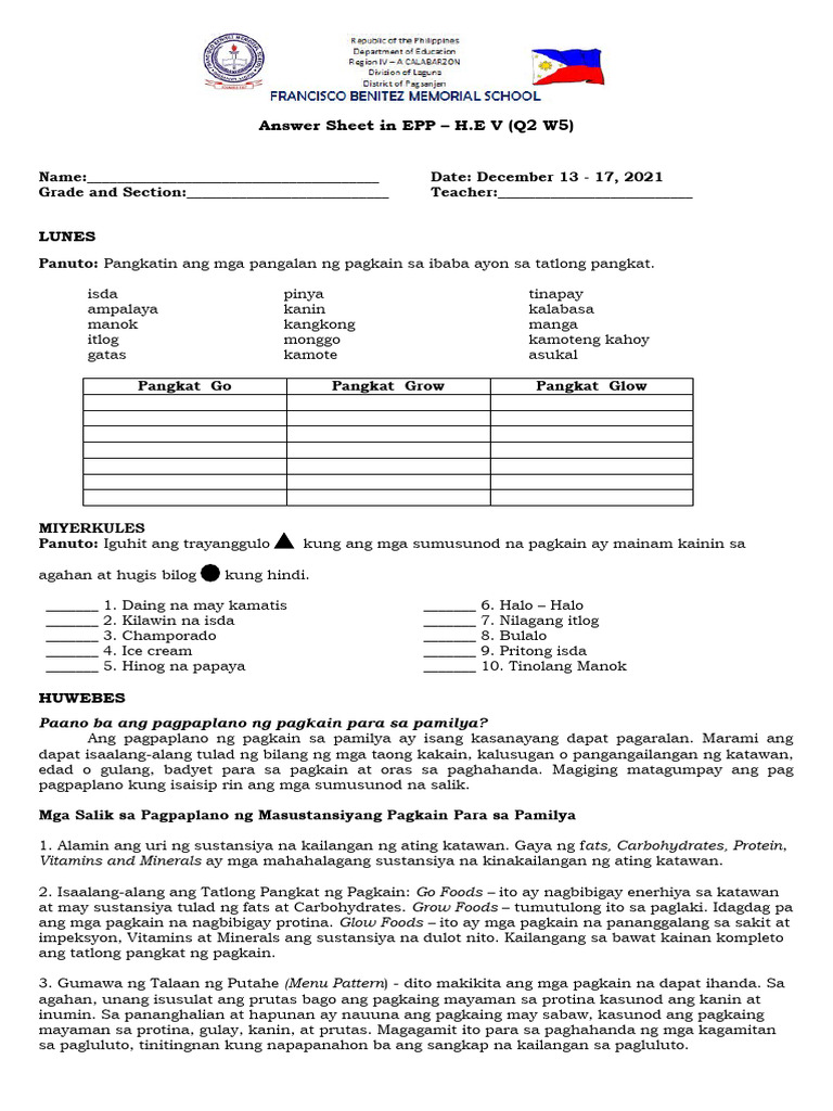 EPP-H.E-Answer-Sheet-Q2W5 | PDF