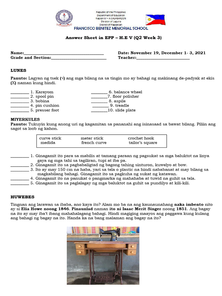 EPP H.E Answer Sheet Q2W3 | PDF | Teaching Methods & Materials | Home & Garden
