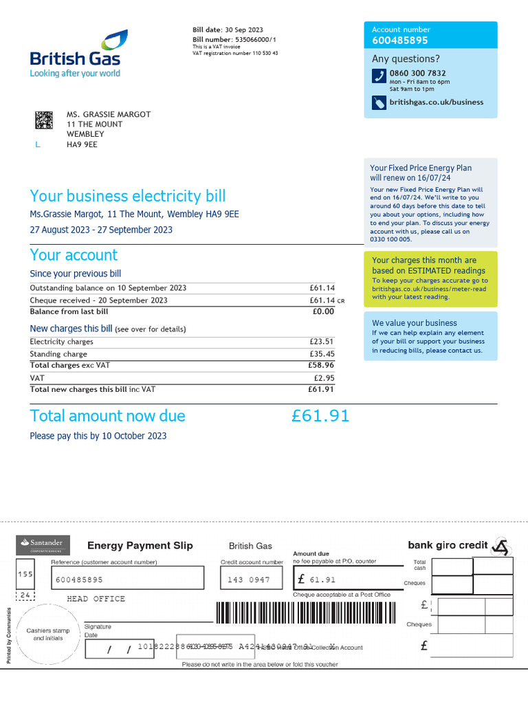 42498X7637 British Gas Example Bill | PDF | Cheque | Value Added Tax