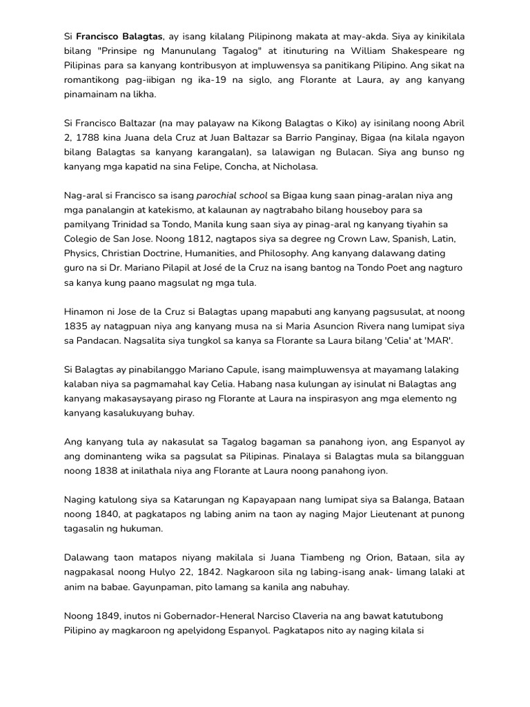 Si Francisco Balagtas, Ay Isang Kilalang Pilipinong Makata at May-Akda ...