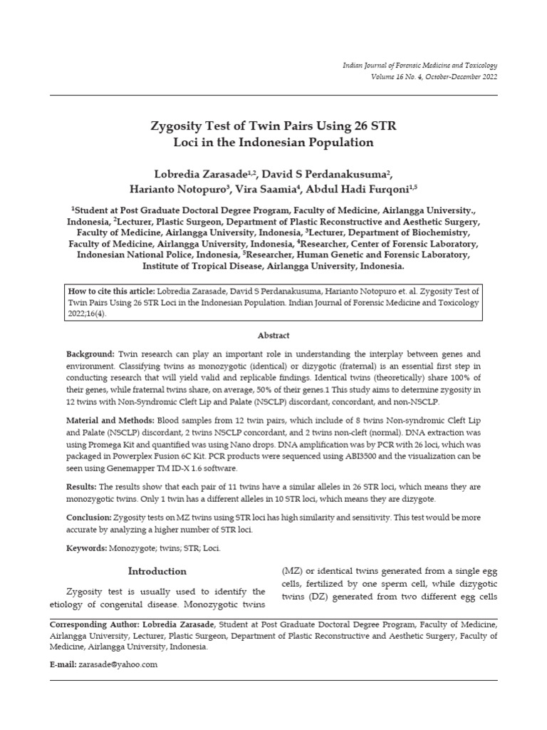 Zygosity Test of Twin Pairs Using 26 STR Loci in The Indonesian ... Zygosity Test of Twin Pairs Using 26 STR Loci in The Indonesian ...