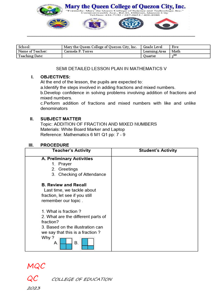 Lesson Plan Addittion of Fraction | PDF | Mathematical Notation | Numbers